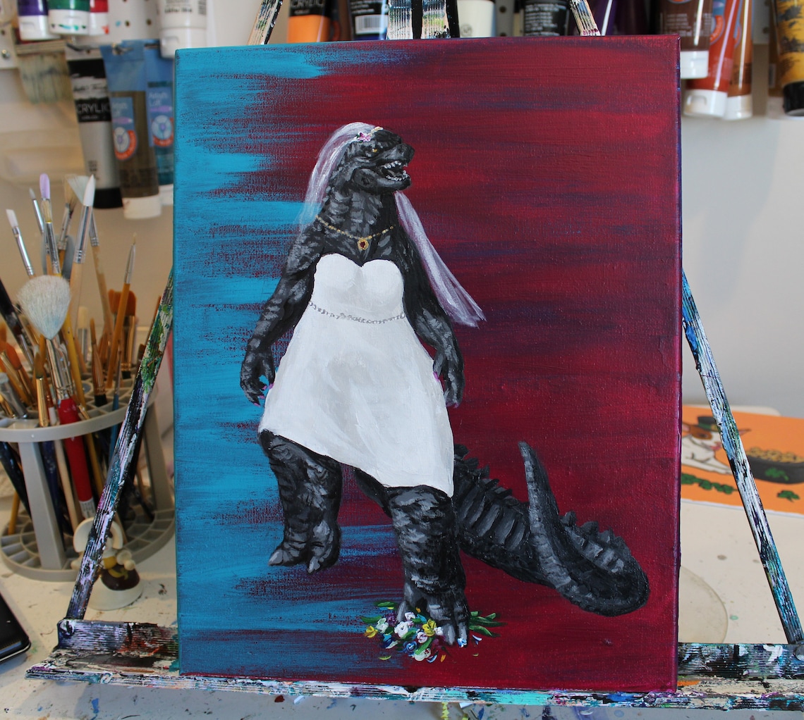 Bridezilla Original Painting Funny Bridal Wall Art Gag Gift Godzilla in ...