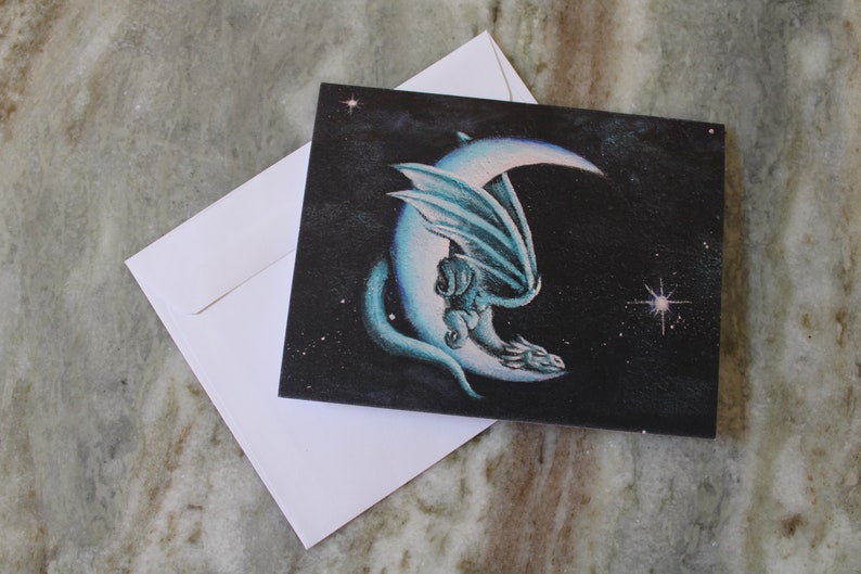 Moon Dragon Stationery Card, Sleepy Dragon Note Cards, Crescent Lunar ...