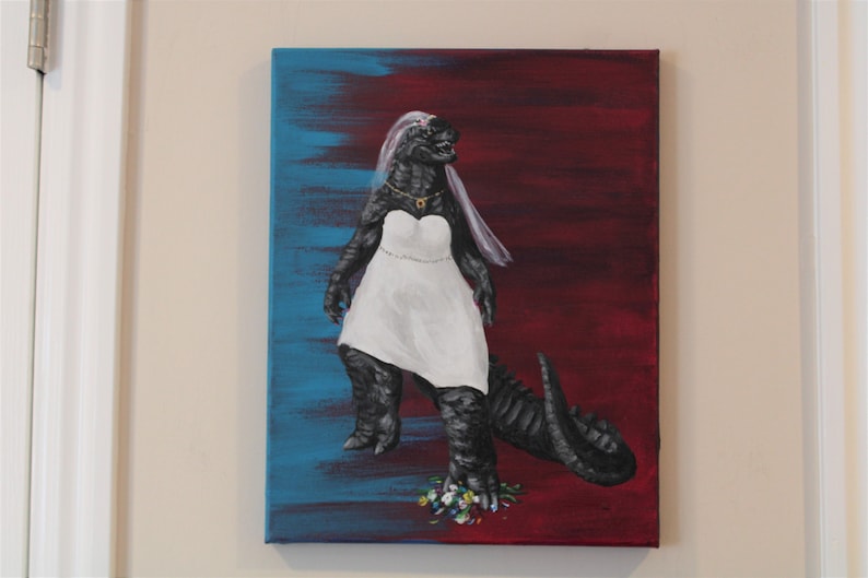 Bridezilla Original Painting Funny Bridal Wall Art Gag Gift Godzilla in ...