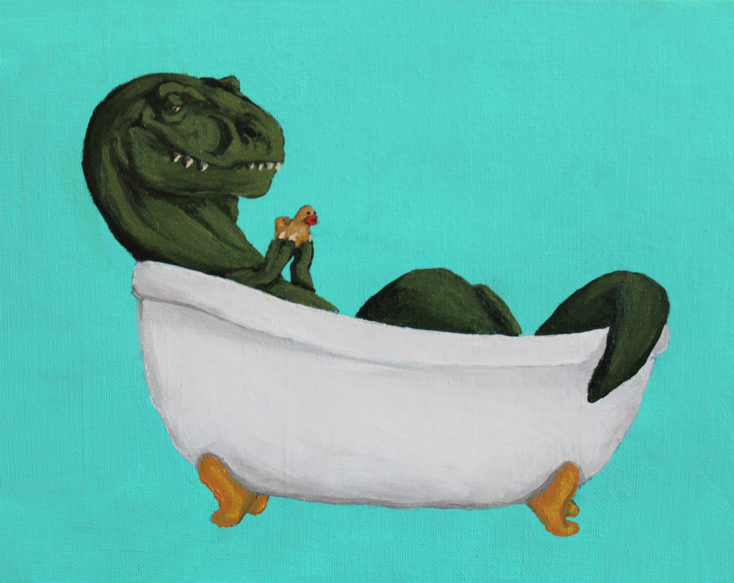 Dinosaur Art Print T-rex in Bath Silly Tyrannosaurus Bathroom Gift ...