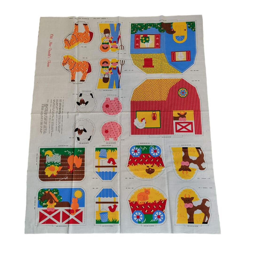 Vintage Old Macdonalds Farm Fabric Panel for Doll Stuffed Toys ...