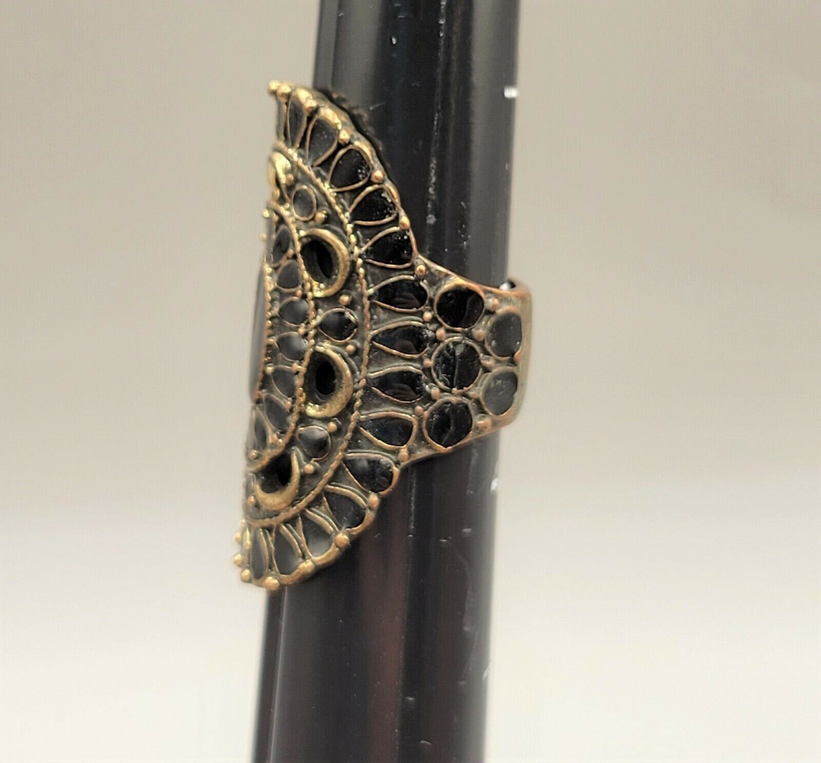 Boho Style Brass and Black Enamel Long Oval Ring Open Work - Etsy