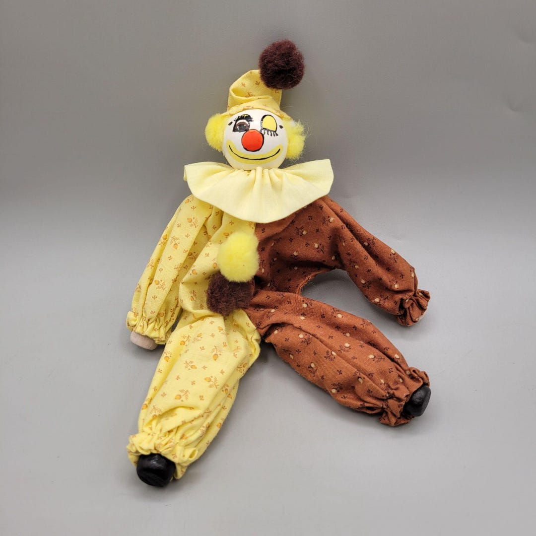 Clothes Pin Doll Winking Circus Clown Handmade Brown Yellow - Etsy