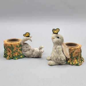 Charming Tails Rabbit on Tree Stump Candle Holders Butterfly Accents ...