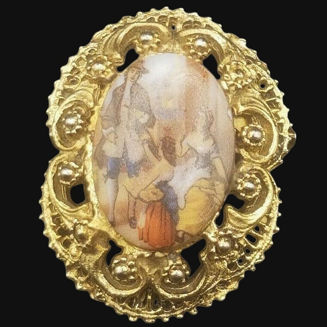 Victorian Fragonard Rococo Style Romantic Ornate Oval Gold Tone Brooch ...