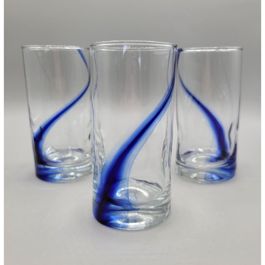 Handblown Clear Blue Swirl Glass Tumblers Finger Indents 6" Tall Set of ...