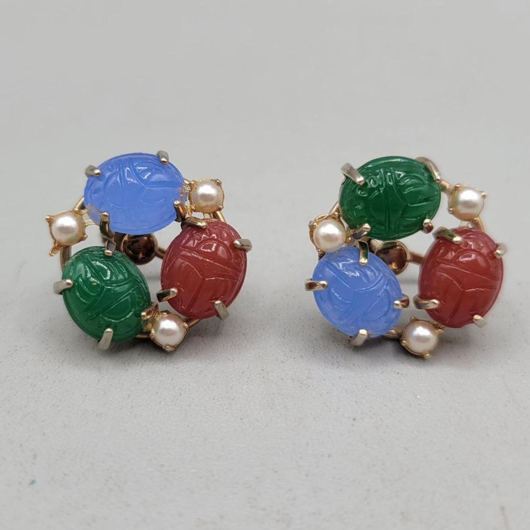 Vintage Carved Scarabs Gold Tone Screw Back Earrings Faux Pearls - Etsy