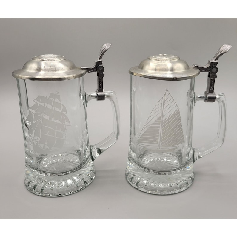 Old Spice Beer Steins Tankards Glass Etched Ships Nautical West Germany ...