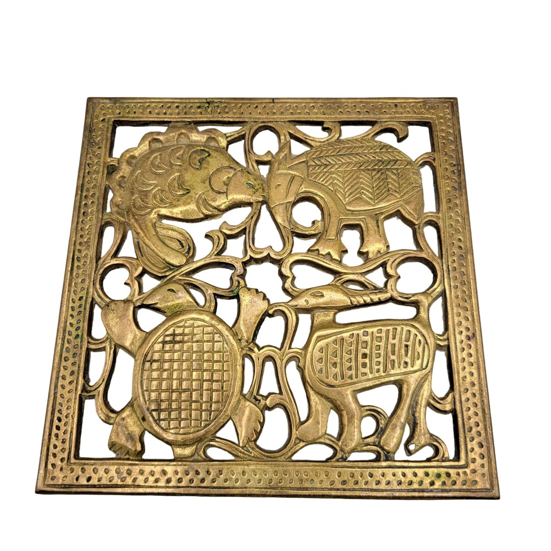Wild Animals Brass Trivet Openwork Wall Art Footed Fish Turtle Elephant ...