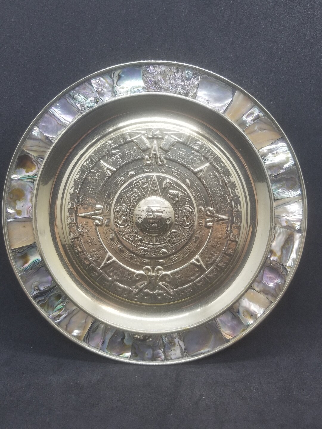 Mexican Alpaca AZTEC Calendar Silver Tray Dish Abalone Shell Rim German ...