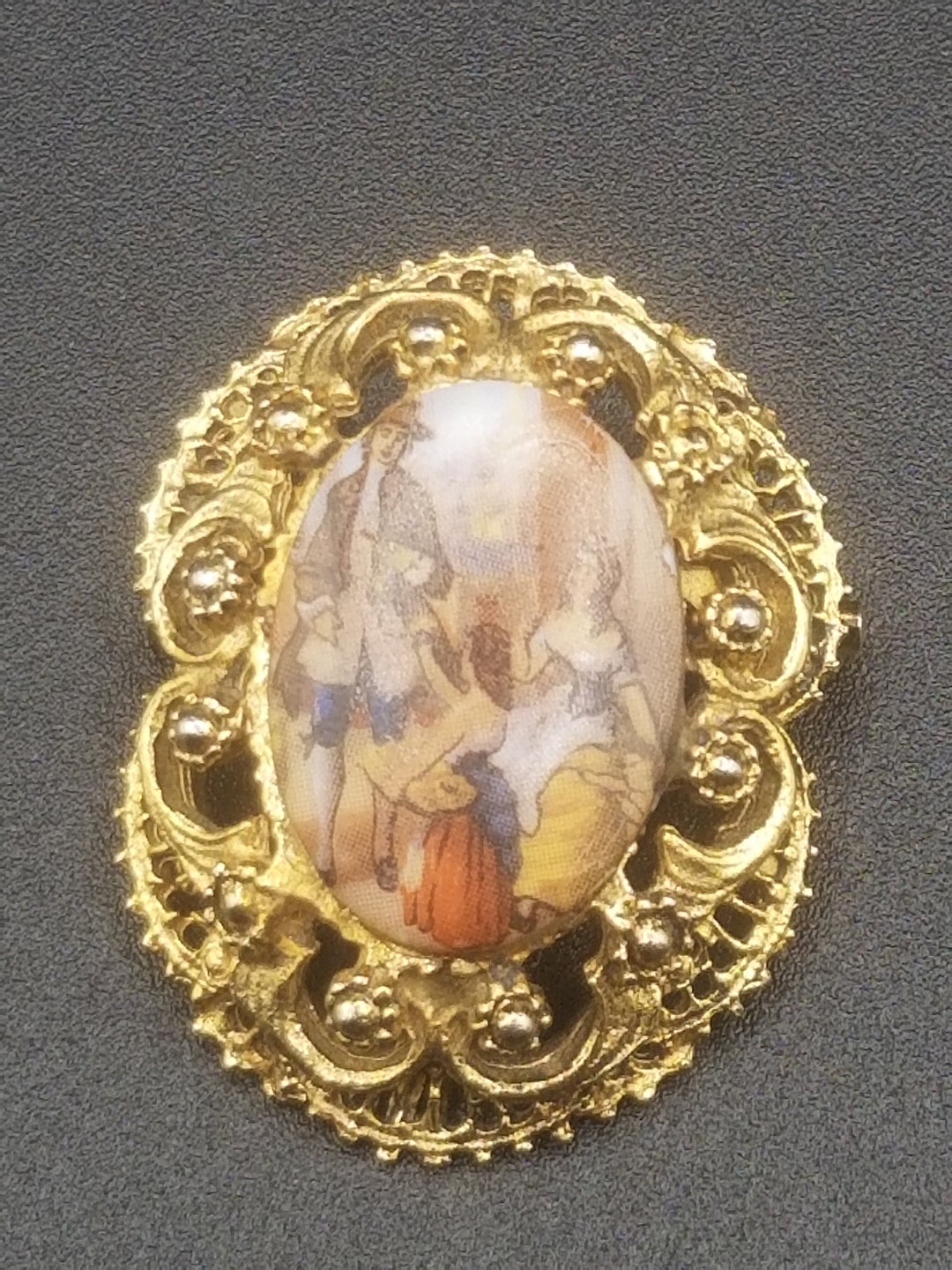 Victorian Fragonard Rococo Style Scene on Ornate Gold Tone Brooch Pin ...