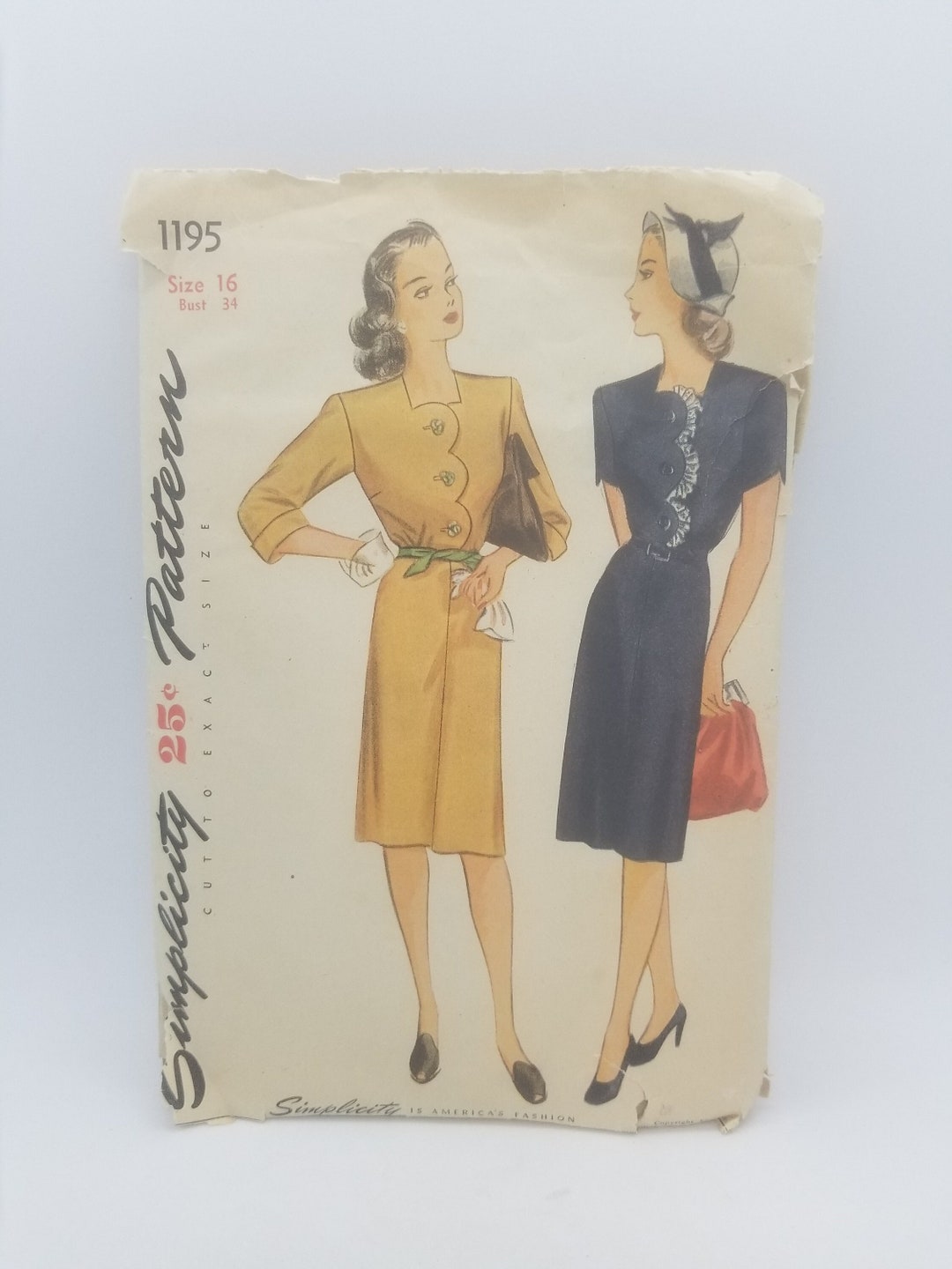 RARE Simplicity 1944 Sewing Pattern 1195 Misses Dress Square Neckline ... RARE Simplicity 1944 Sewing Pattern 1195 Misses Dress Square Neckline ...