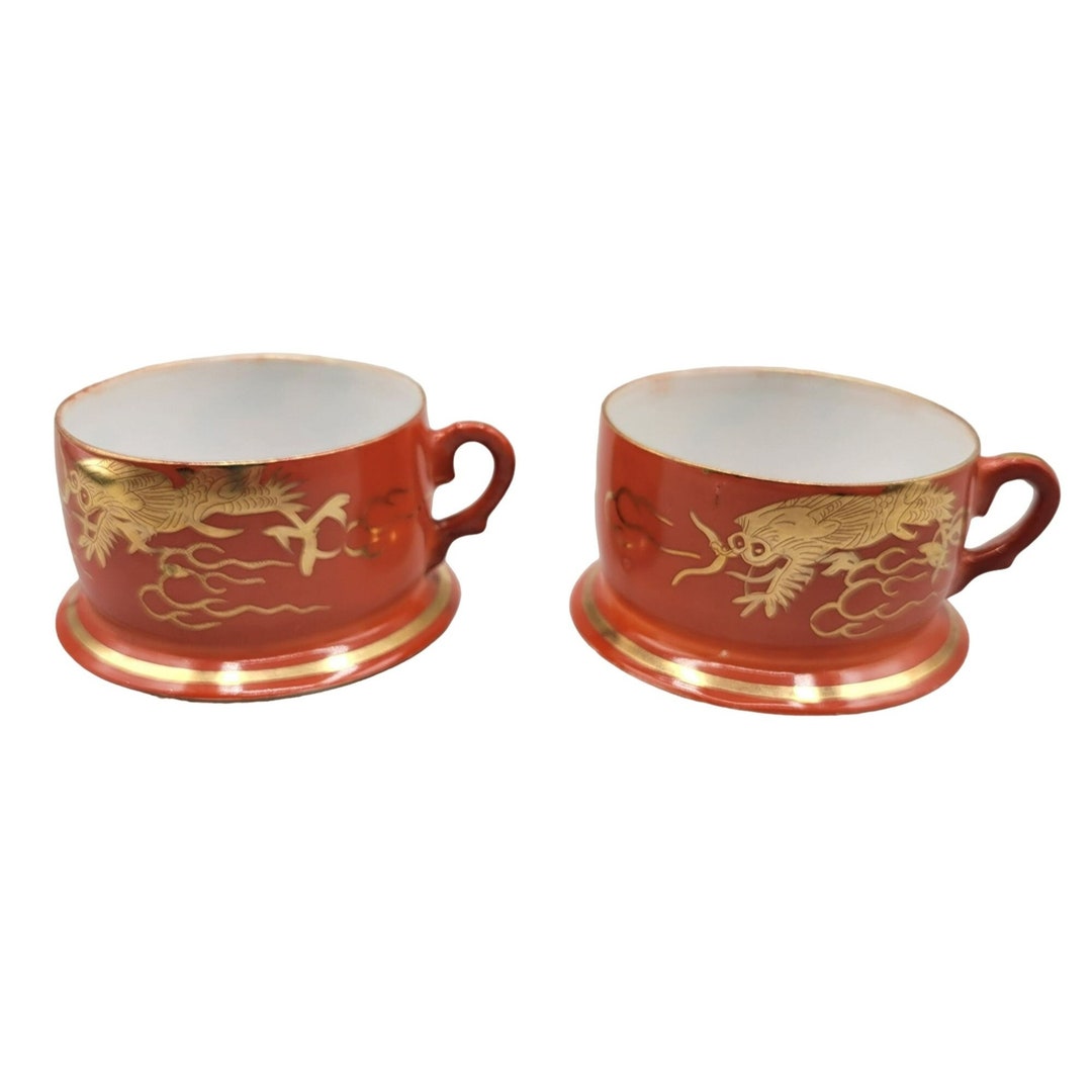 Japanese Kutani Dragon Gold Orange Lusterware Teacups Eggshell ...