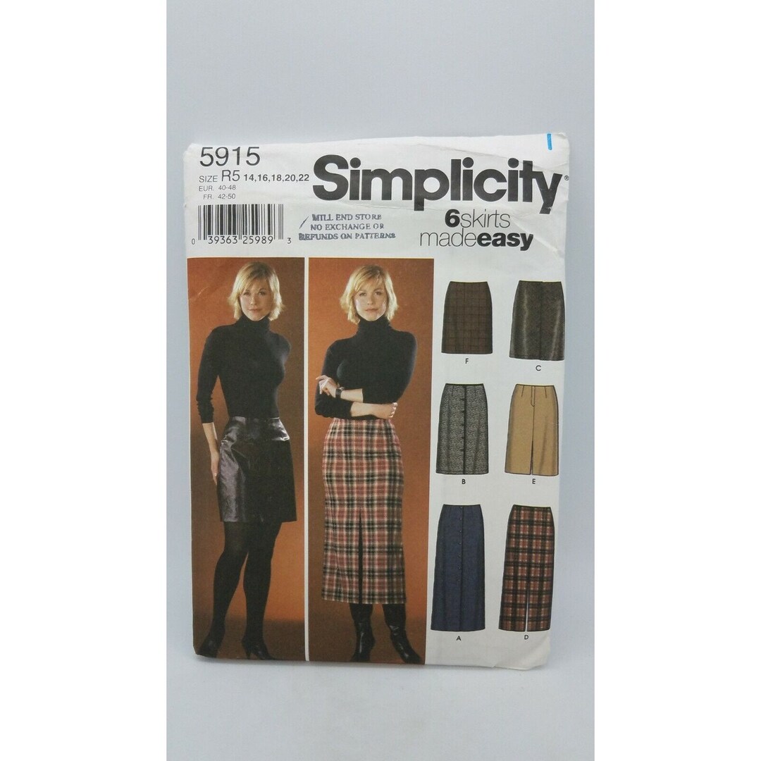 Simplicity Sewing Pattern #5915 Size R5 14,16,18,20,22 Misses 6 Skirts ...