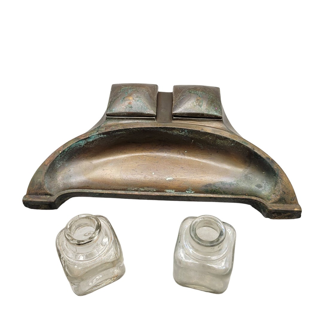 Art Deco Double Inkwell Desk Set Brass Glass Inserts Kronheimer ...