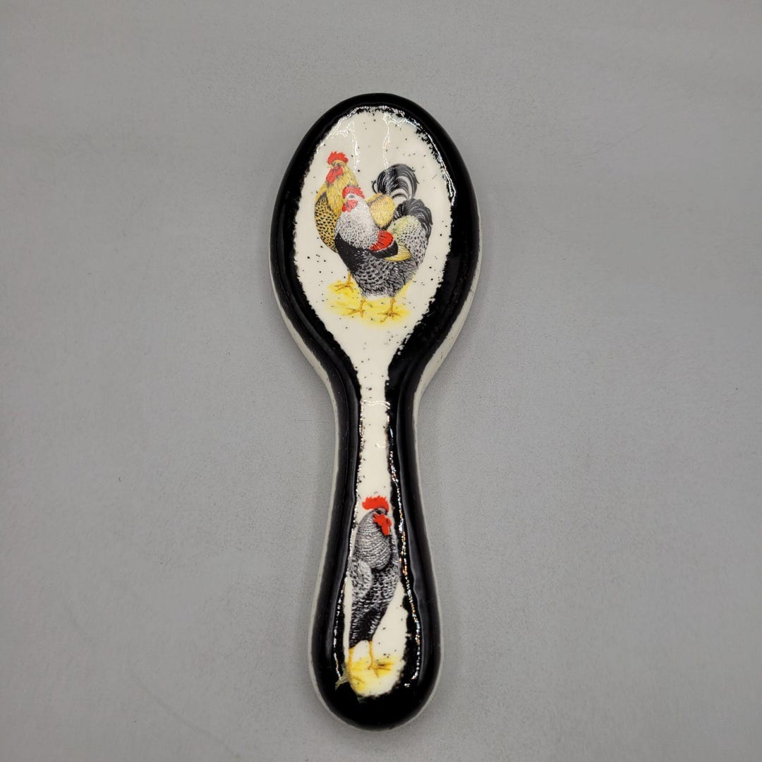 Ceramic Rooster Spoon Rest Black and White Speckled Kitchen Decor - Etsy