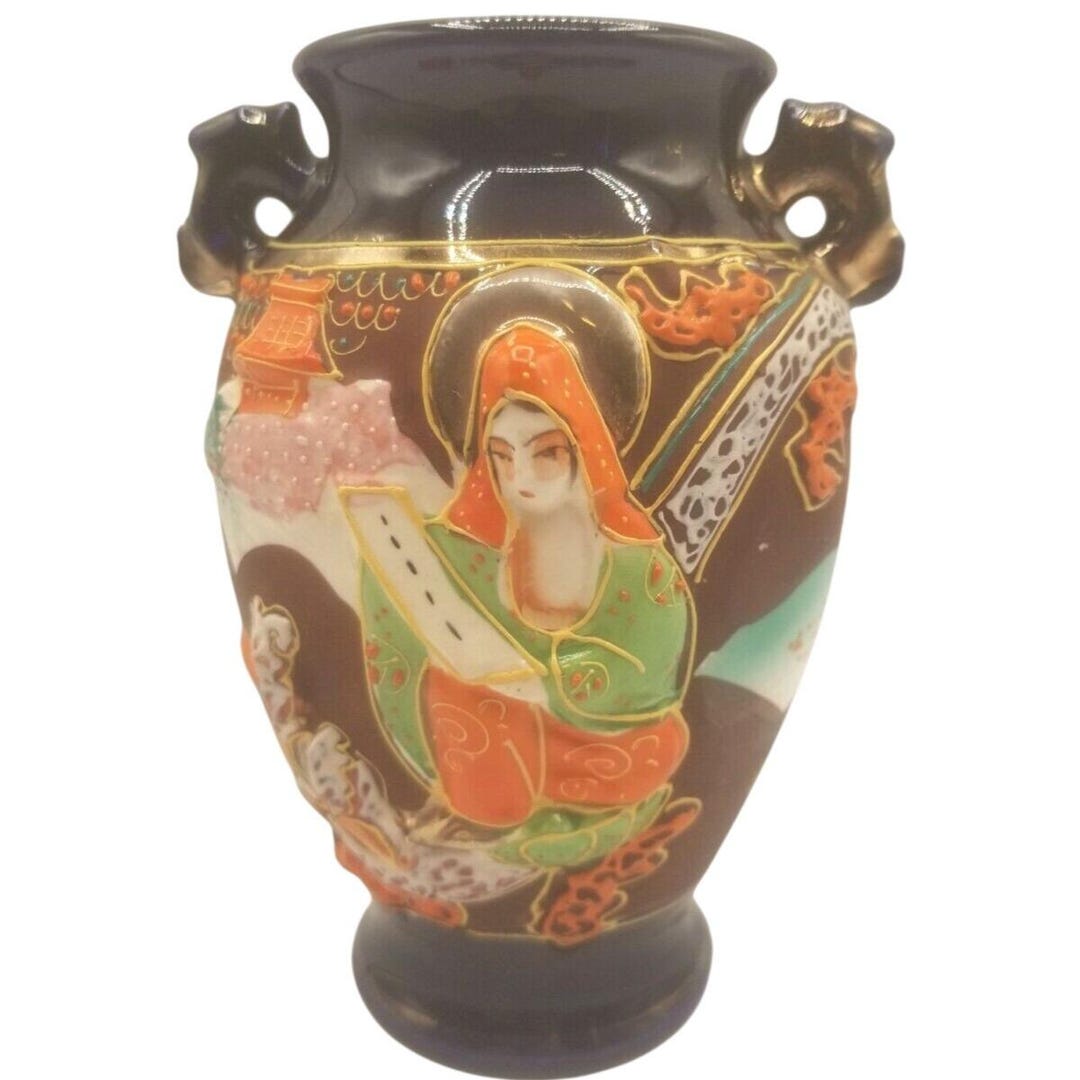 Japanese Satsuma Ware Vase Kannen Goddess of Mercy 1940s Handles ...