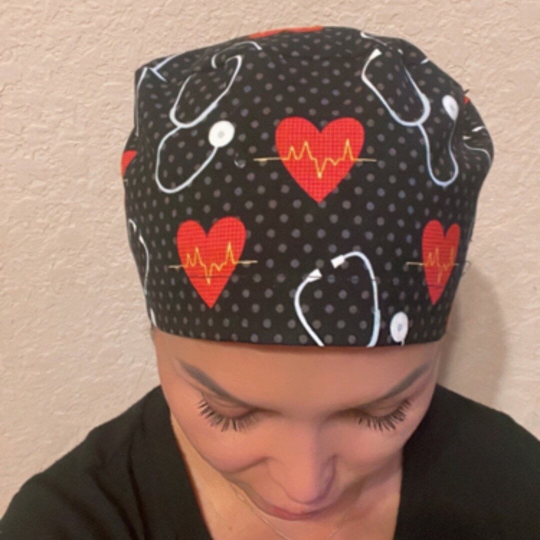 Womens Surgical Scrub Cap Bonnet With Hearts Nurse Hat With ...