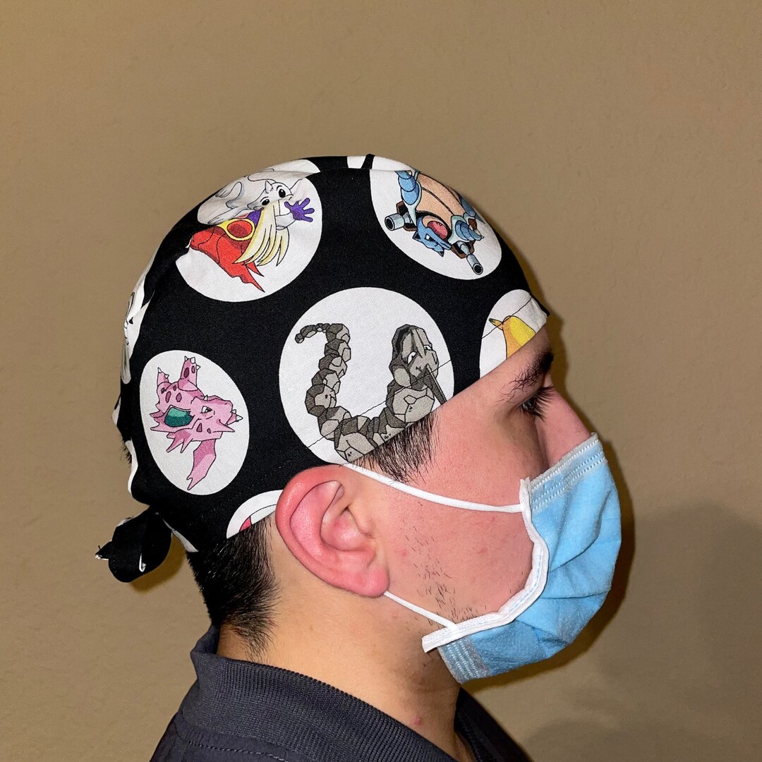 Pokémon Original Mens Surgical Scrub Cap, Black| Indigo League Skull ...