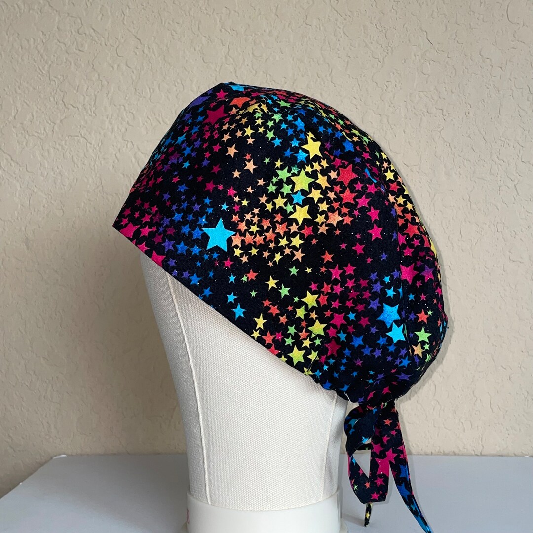 Stars on Black Medical Bonnet Women, Cute Surgical Scrub Cap for Nurse ...