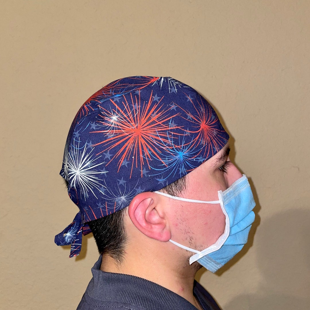 Patriotic Mens Surgical Scrub Caps Fireworks Nurse Hat for Men America ...