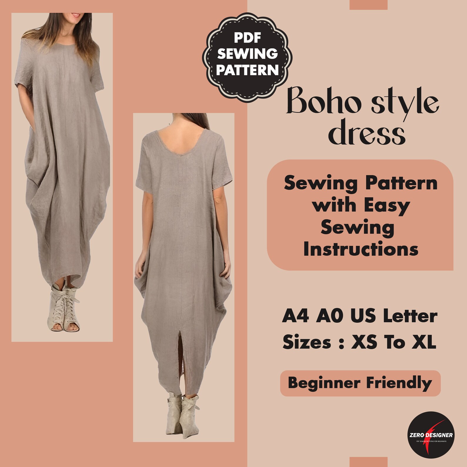Dress Sewing Pattern for Boho Style Long Dress | Beginner-friendly PDF ...