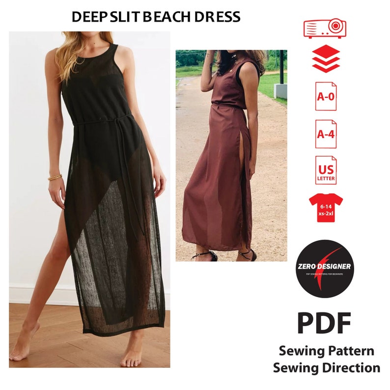 Deep Slit Beach Dress PDF Sewing Pattern Sundress Women's BEACH Fashion ...