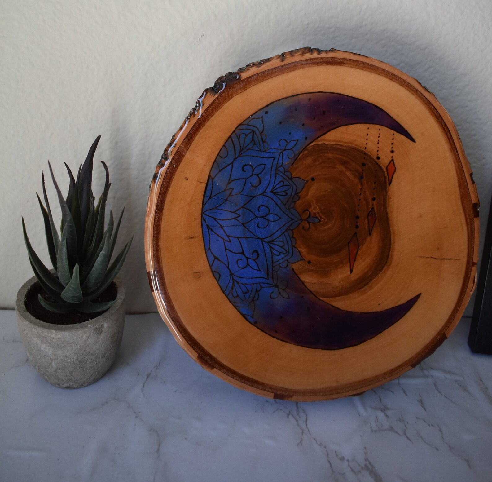 Mandala Moon Wood Burned, Watercolor, Finished With Resin - Etsy