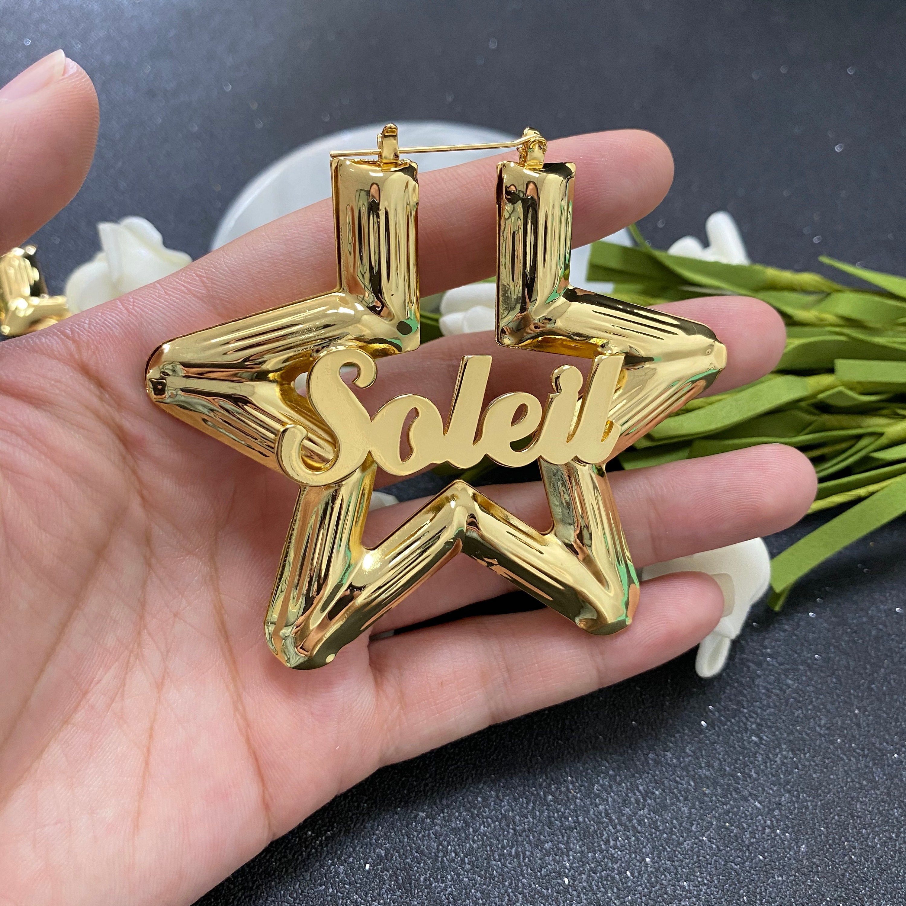 Personalized Name Bamboo Star Dangle Earrings Custom Dangle - Etsy