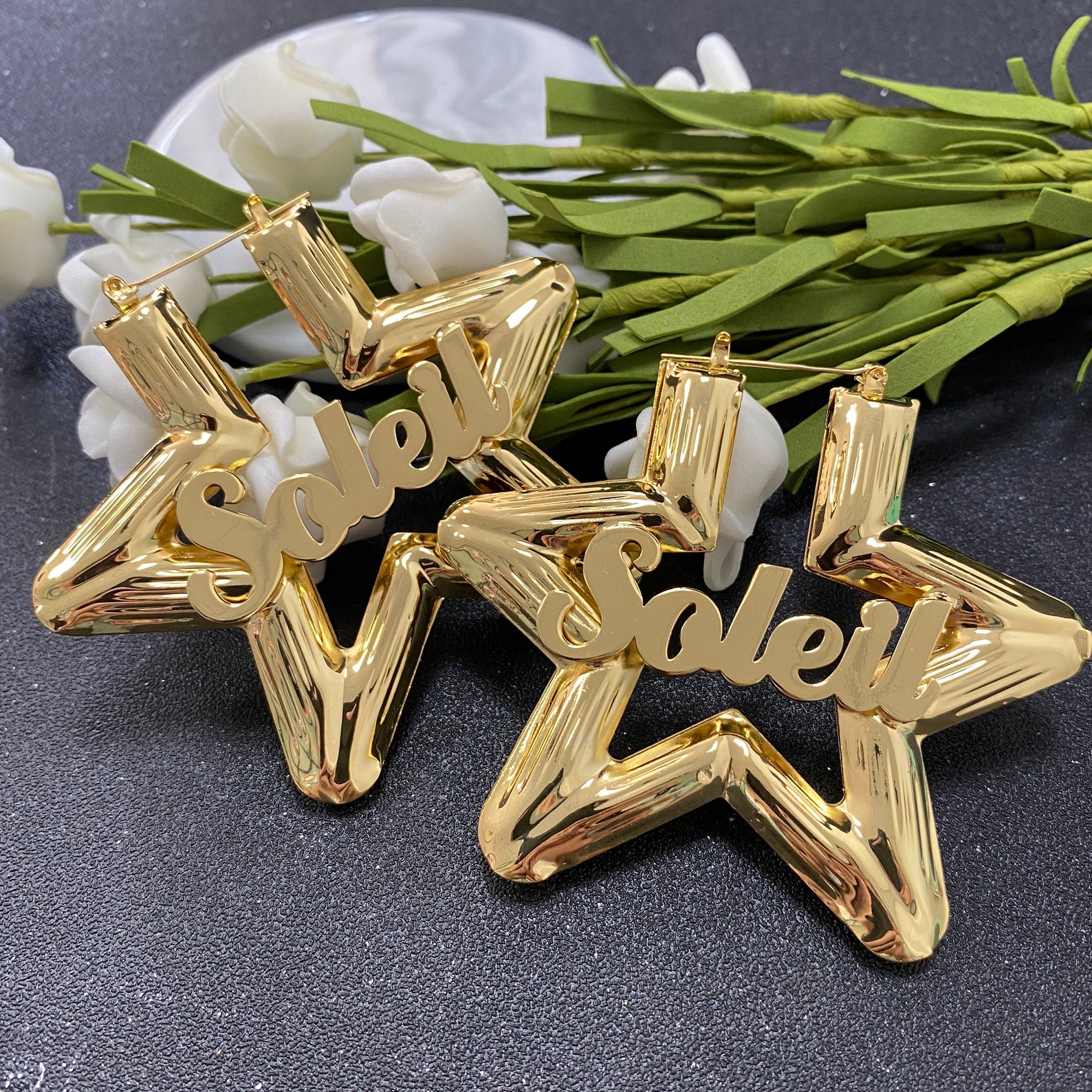 Personalized Name Bamboo Star Dangle Earrings Custom Dangle - Etsy