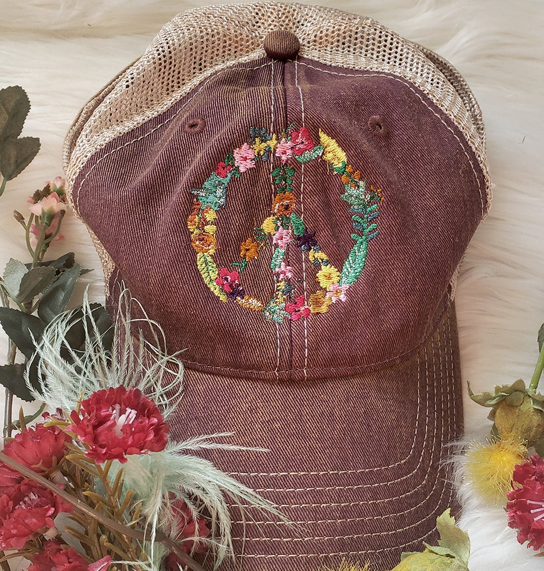 Trucker Hat, Peace, Peace Sign, Flowers Hat, Khaki Hat, Fashionable Hat ...