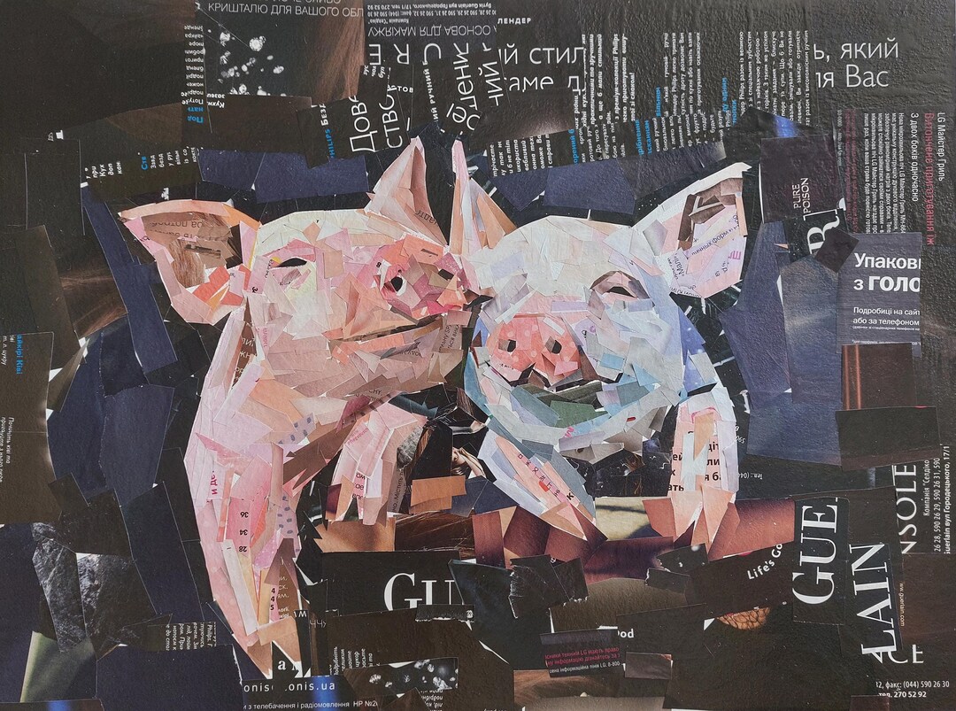 Piglets, Pig Art Collage, Wall Decor, Newspaper Art, Piglets, Pig Art ...