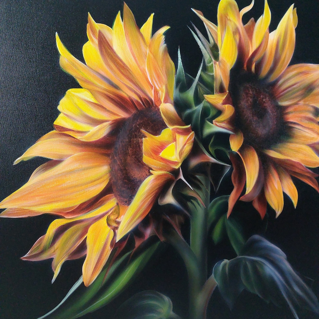 Sunflowers on a Black Background, Realistic Sunflowers on Canvas ...