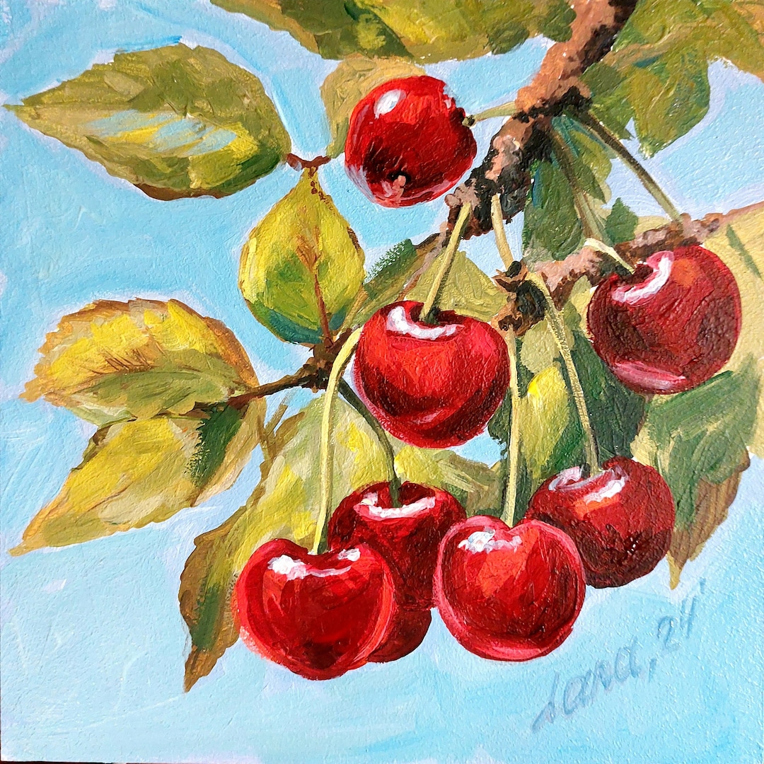 Acrylic Painting, Still Life, Cherries, Plate, Fruits, Art, Canvas ...