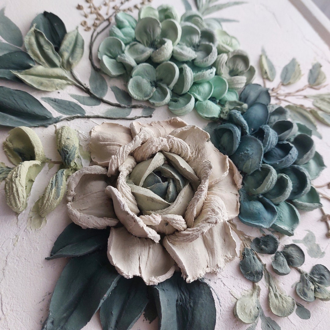 Sculptural Painting of Succulents, Green Flowers With Gypsum ...