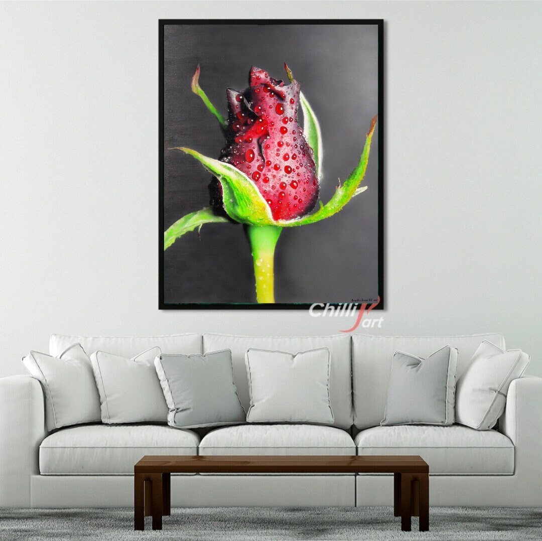 Realism Rose Art, Original Acrylic Painting, Red Rose With Dew Drops ...