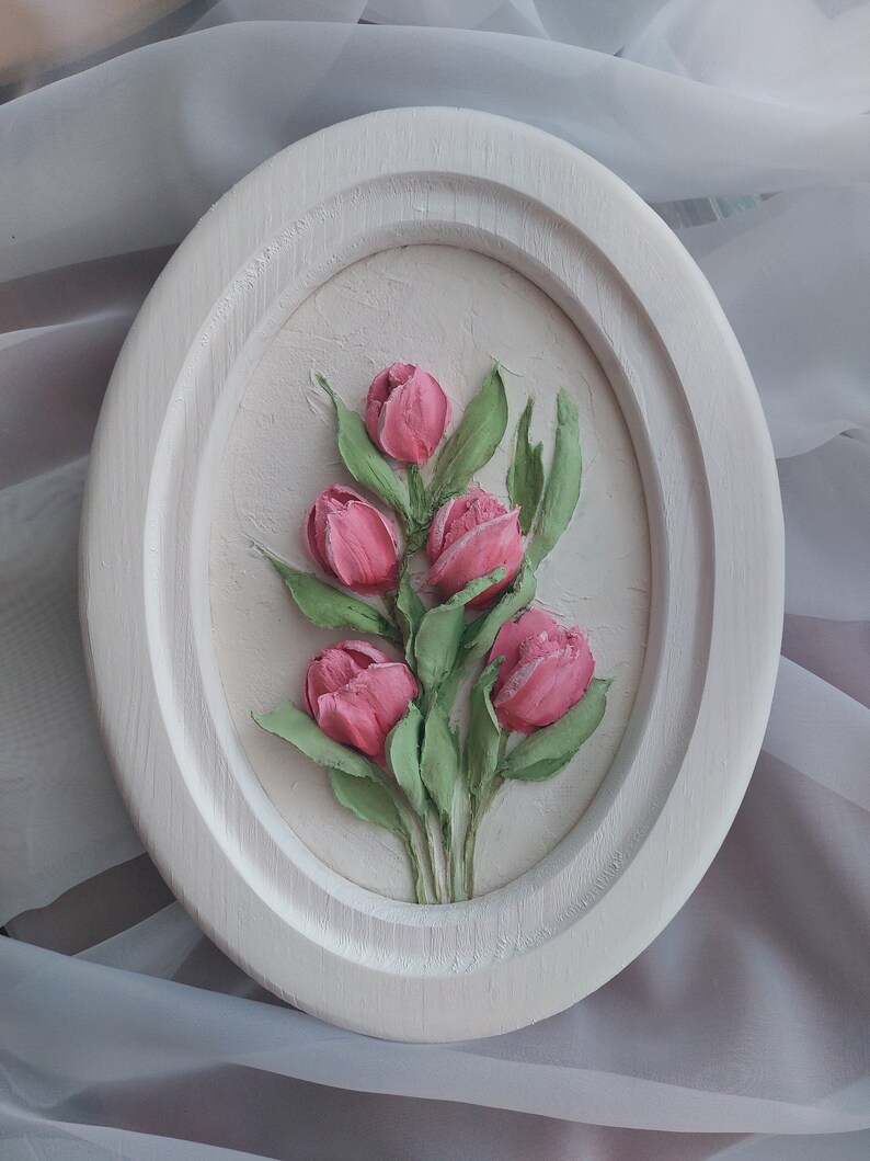 Sculptural Floral Art, Pink Tulips, Oval Frame, Dimensional Painting ...