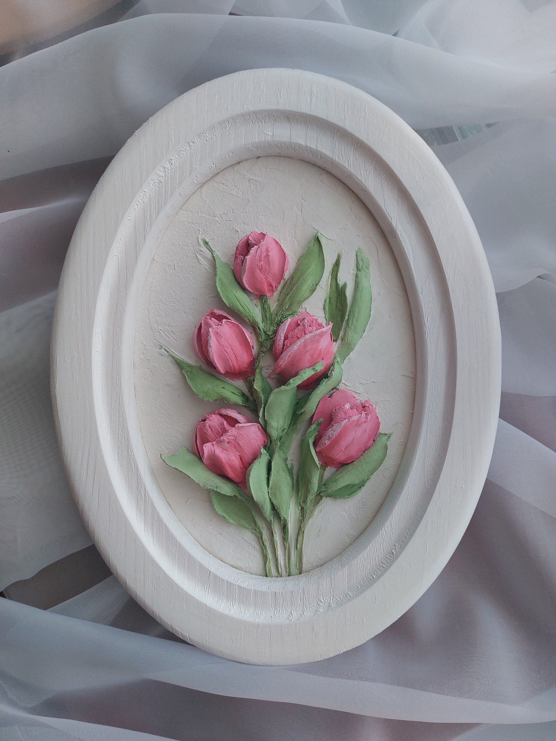 Sculptural Floral Art, Pink Tulips, Oval Frame, Dimensional Painting ...