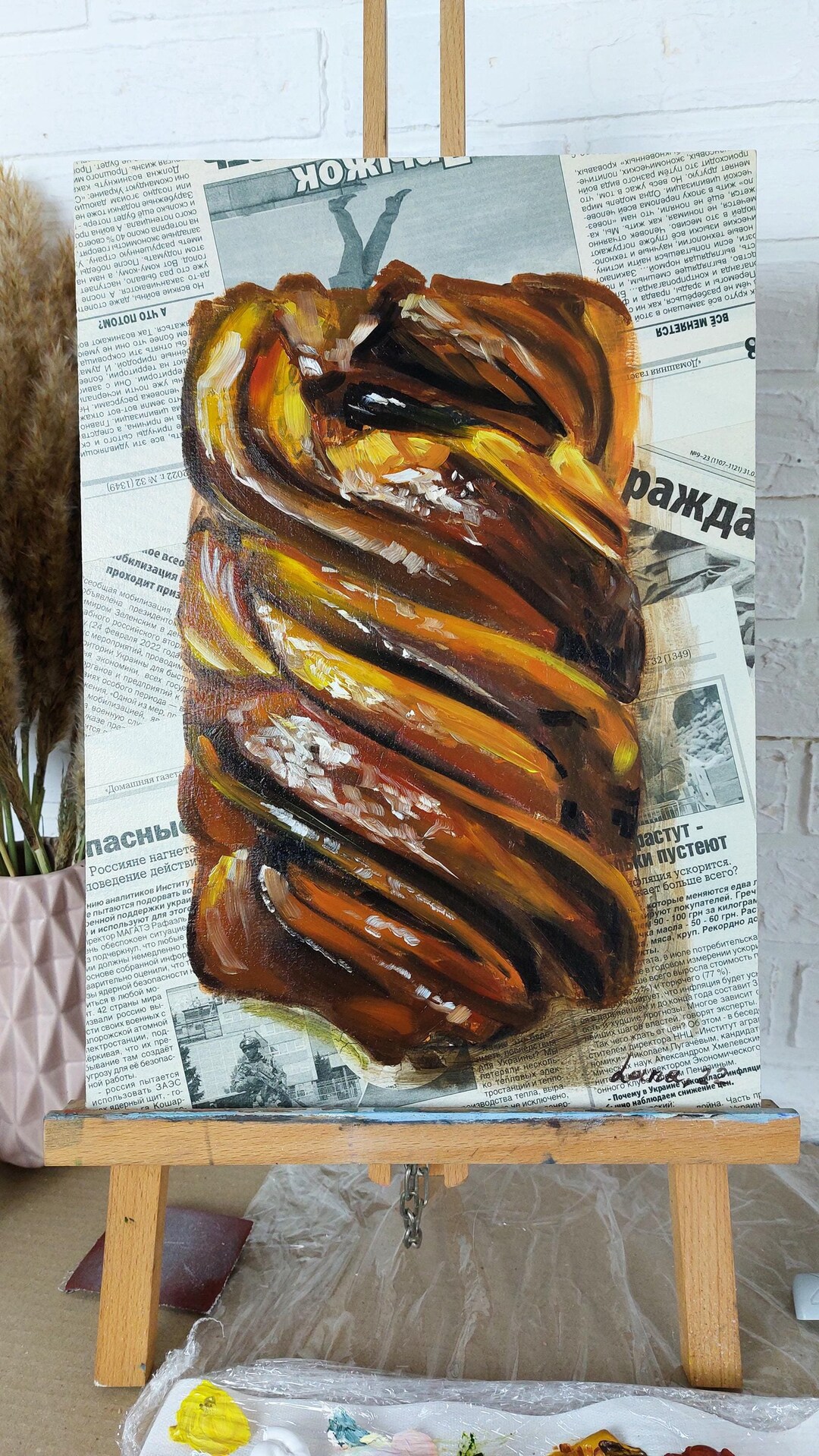 Braided Bun on Newspaper, Newspaper Art, Fresh Baked Goods Painting ...