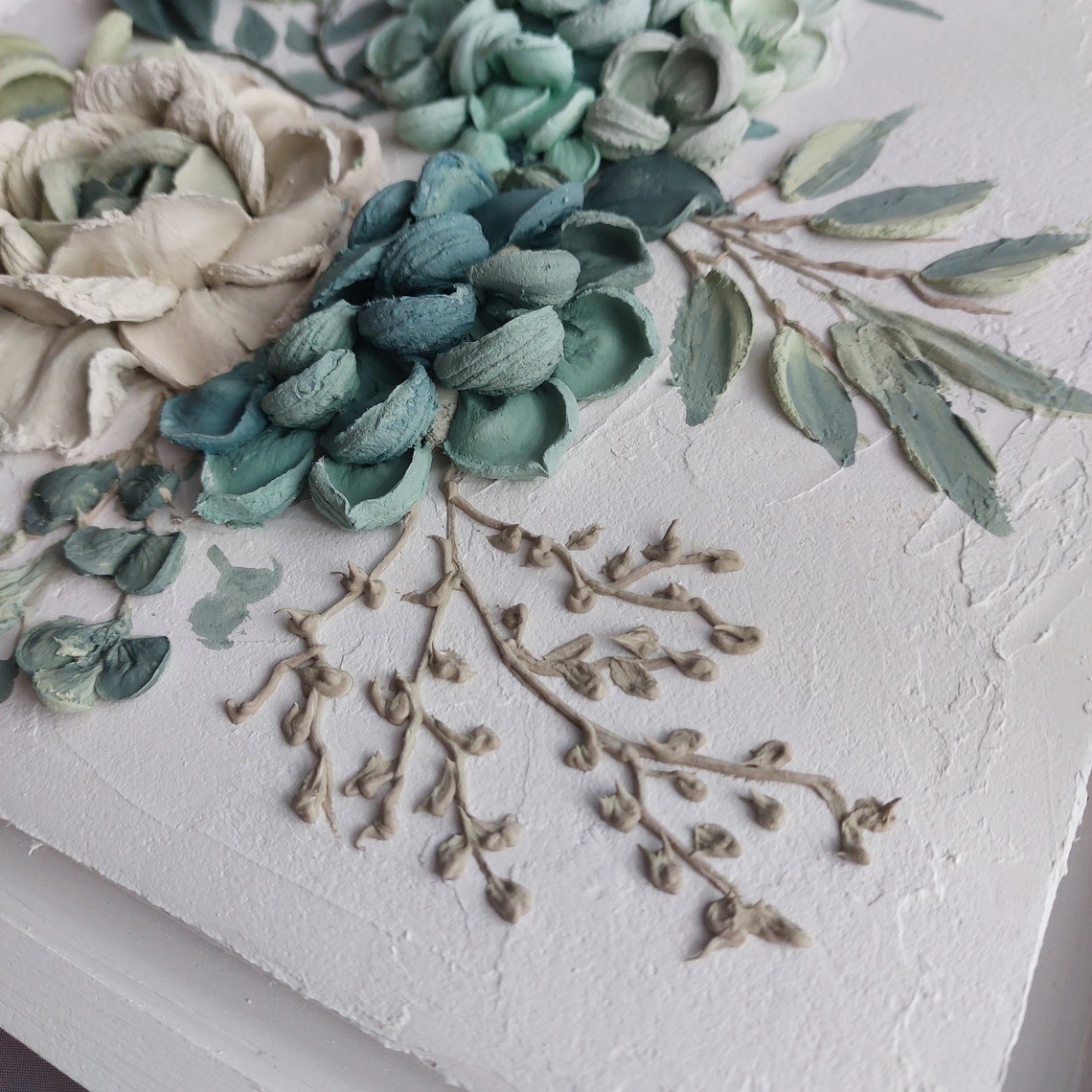 Sculptural Painting of Succulents, Green Flowers With Gypsum ...