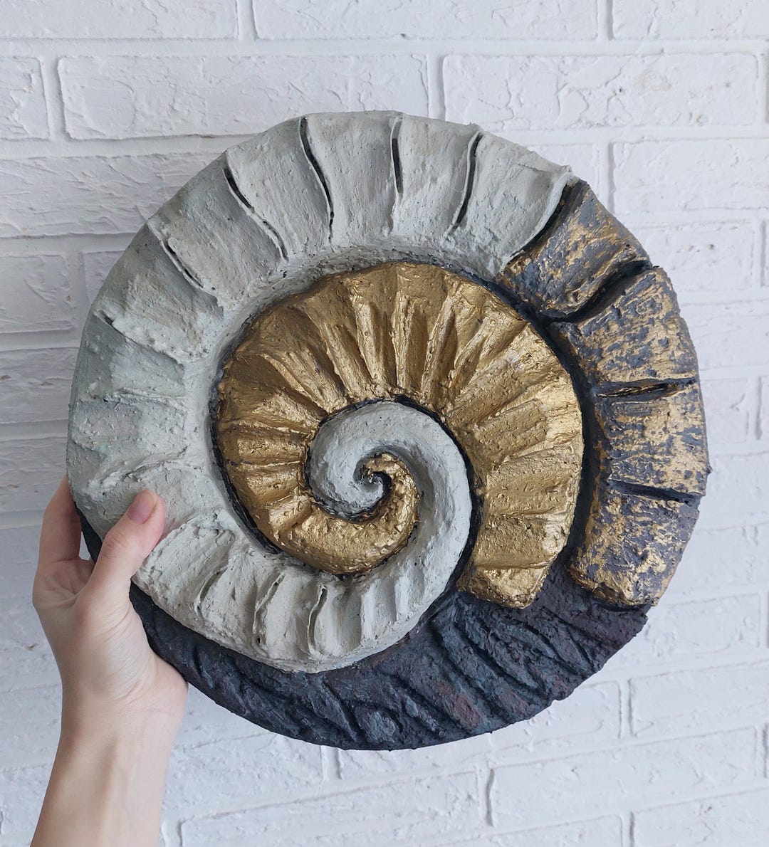 3d Wall Sculpture of Golden Ammonite Spiral – Textured Plaster Fossil ...