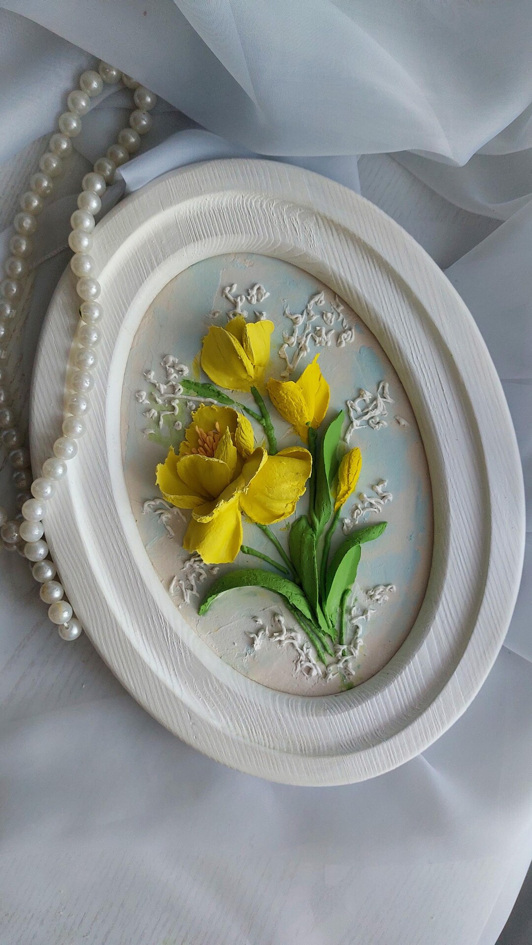 Sculptural Floral Art, Yellow Tulips, Oval Frame, Dimensional Painting ...