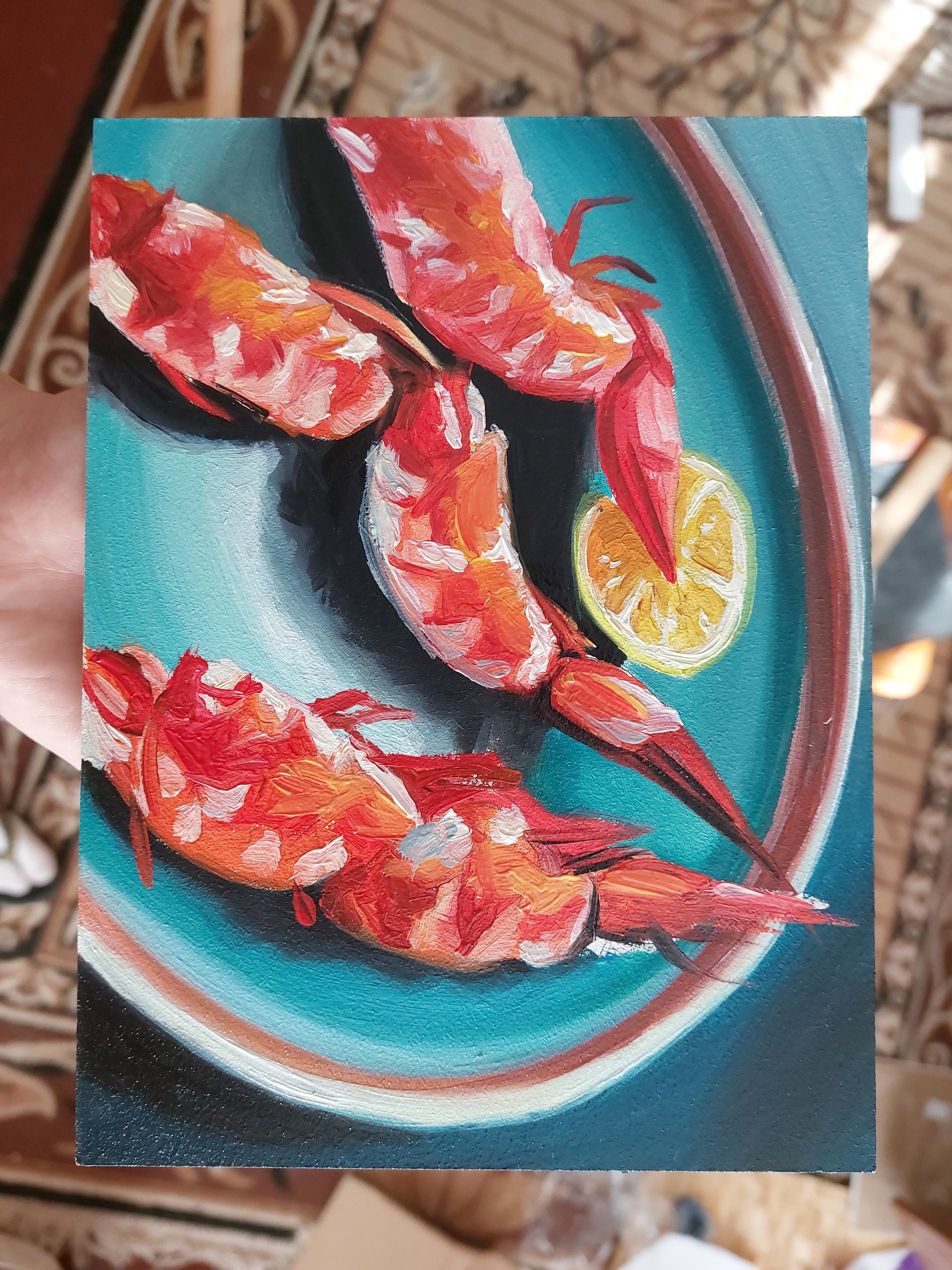 Lemon Shrimp Painting, Oil Painting, Shrimp Plate, Lobster Painting ...