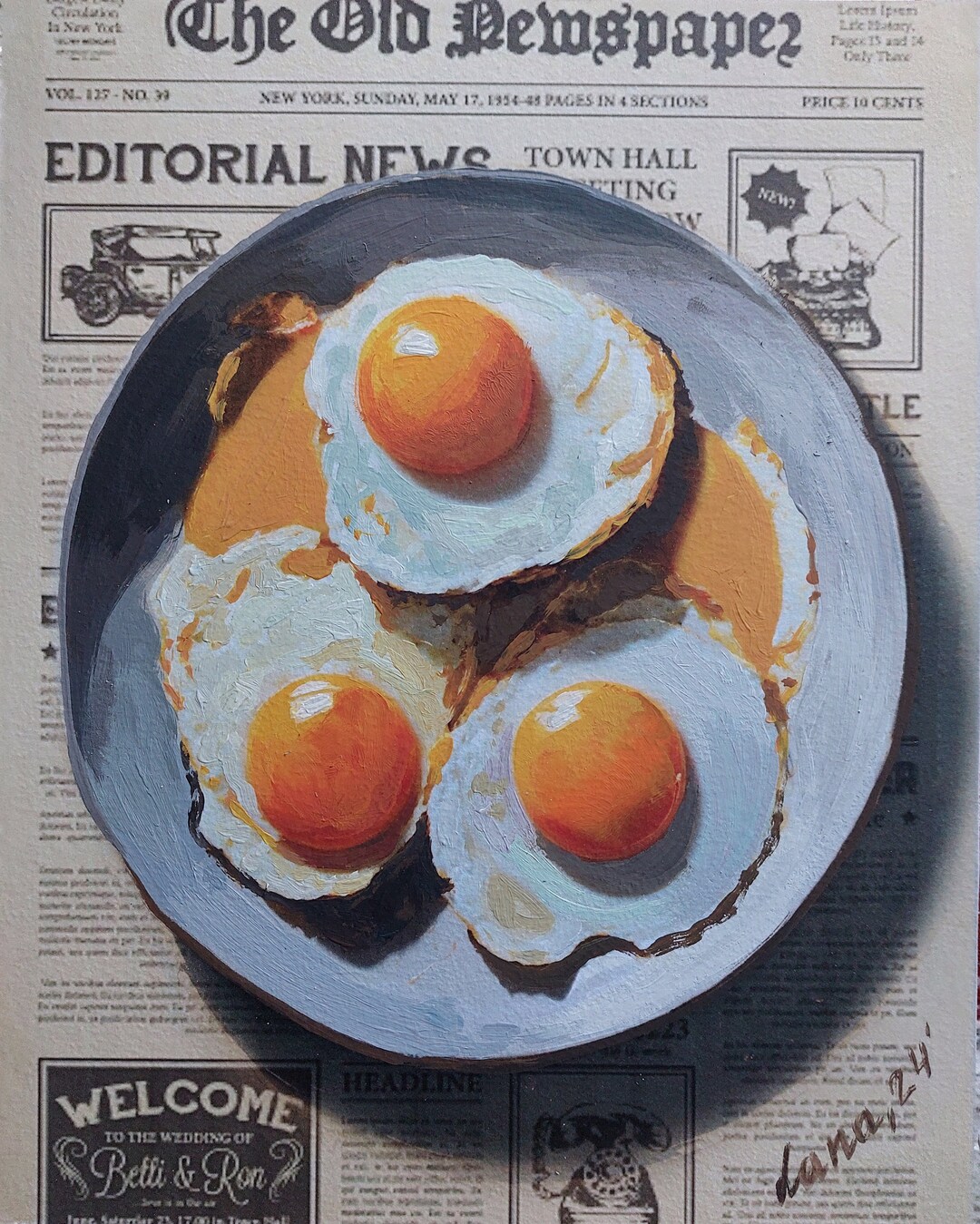 Acrylic Painting on Newspaper, Fried Eggs on Newspaper, Plate of Eggs ...
