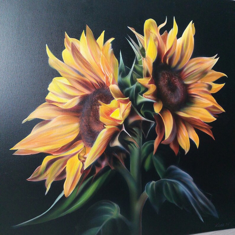 Sunflowers on a Black Background, Realistic Sunflowers on Canvas ...