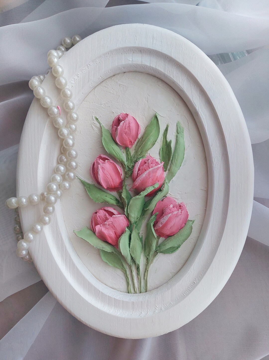 Sculptural Floral Art, Pink Tulips, Oval Frame, Dimensional Painting ...