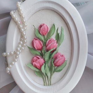 Sculptural Floral Art, Pink Tulips, Oval Frame, Dimensional Painting ...