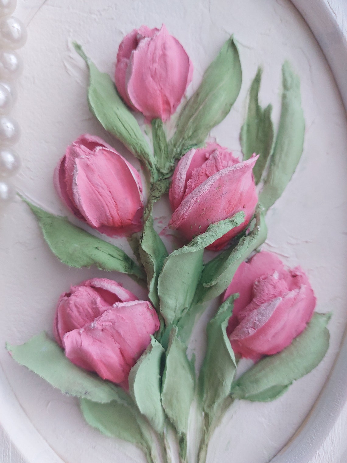 Sculptural Floral Art, Pink Tulips, Oval Frame, Dimensional Painting ...