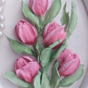 Sculptural Floral Art, Pink Tulips, Oval Frame, Dimensional Painting ...