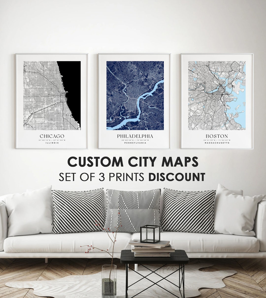SET of 3 CUSTOM MAP Prints, 3 City Map Prints, Custom Map, Custom Any ...